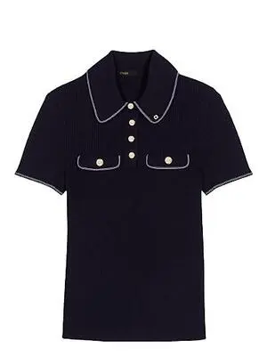 Maje Flap-pocket Ribbed Stretch-knit Polo Shirt - Navy