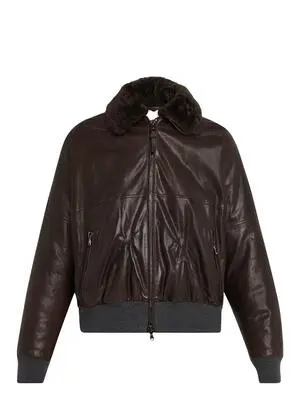 Brunello Cucinelli Leather Biker Jacket With Shearling Collar - Coffee