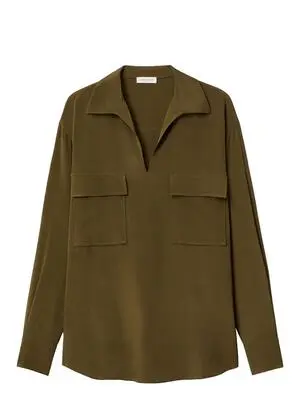 Lafayette 148 New York Collared Popover Blouse - Forage Green