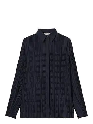 Lafayette 148 New York Satin Basketweave Plisse Blouse - Blue Ink