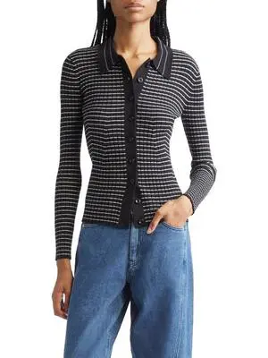 Emporio Armani Striped Ribbed Collared Cardigan - Black
