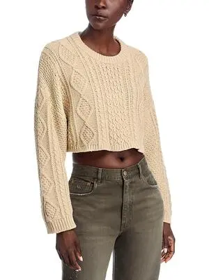 Denimist Cropped Cable Knit Crewneck Sweater - Heather Beige