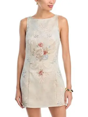Aqua Jacquard Rose Mini Dress - Ivory