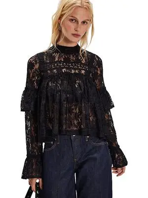 Free People Lilabeth Lace Blouse Black