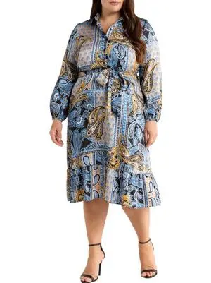 Jones New York Long Sleeve Belted Satin Shirtdress - Blue Lagoon Multi