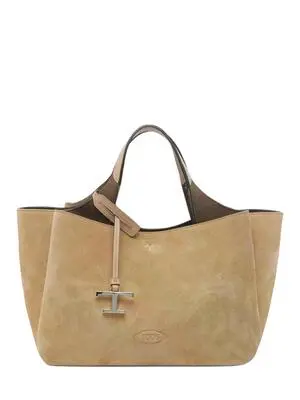 TOD'S Suede Tote Bag With Logo Charm - Brown