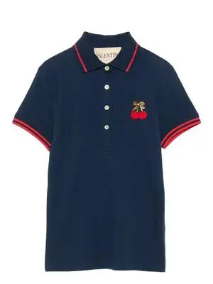 Valentino Garavani Cherry-embellished Polo Top - D51 Navy Blue/red