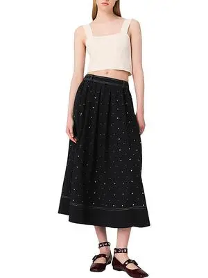 Maje Long Studded Cotton Skirt - Navy