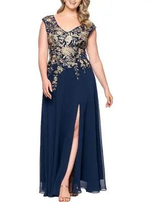 Betsy & Adam Metallic Embroidery Chiffon Gown - Navy/gold