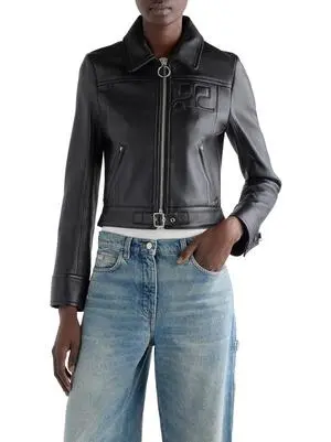 COURREGES Iconic Zip Lambskin Leather Jacket - Black