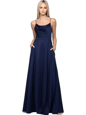 BARIANO Diamond Cowl Wrap Gown - Navy