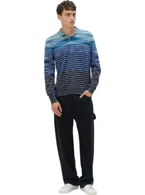 Missoni Long Sleeve Polo In Pure Wool With Flame Pattern Blue