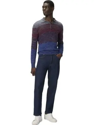 Missoni Long Sleeve Polo In Pure Wool With Flame Pattern Red & Blue