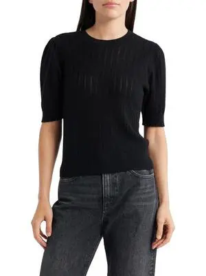 FRAME Pointelle Short Sleeve Cashmere Sweater - Black