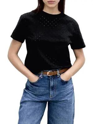 Mango Embroidered Openwork Cotton T-shirt - Black