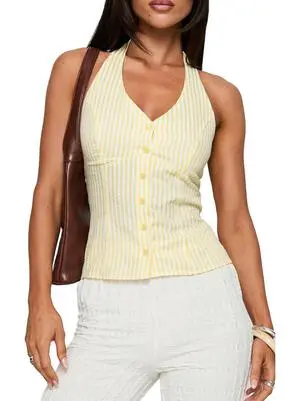 Princess Polly Striped Seersucker Halter Top - Yellow Stripe