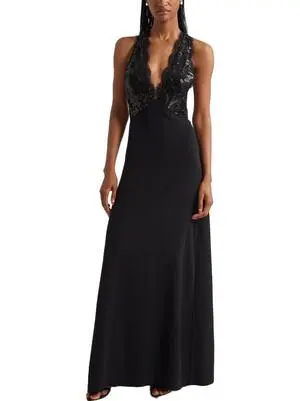 Ramy Brook Chantal Plunge Neck Mixed Media Gown - Black Combo