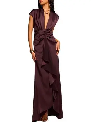Ramy Brook Catrin Plunge Neck Satin Gown - Blackberry