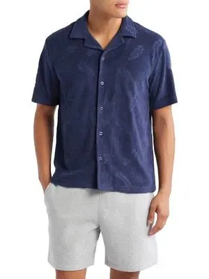 Majestic International Shadow Hibiscus Cotton Blend Terry Cloth Camp Shirt - Navy Hibiscus