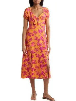 Loveappella Tie Front Slit Midi Dress - Orange/fuchsia