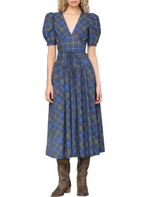 Avec Les Filles Plaid Puff Sleeve Midi Dress - Olive And Blue Plaid