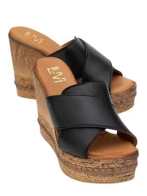 FOREVER & ALWAYS SHOES Lois Wedge Leather Sandal - Black Leather