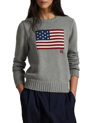 Polo Ralph Lauren Flag Intarsia Cotton Crewneck Sweater - Drift Grey Melange