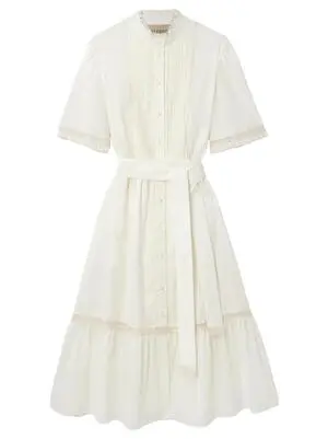 Valentino Garavani Belted Lace-trimmed Pintucked Cotton-poplin Midi Dress - White
