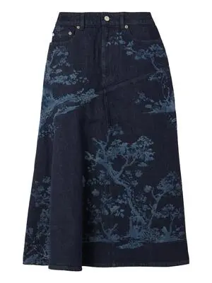 Erdem Asymmetric Paneled Printed Denim Midi Skirt - Blue