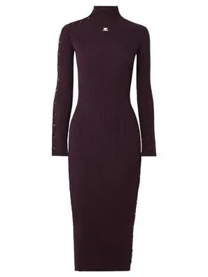 COURREGES Embroidered Ribbed-knit Turtleneck Midi Dress - Burgundy