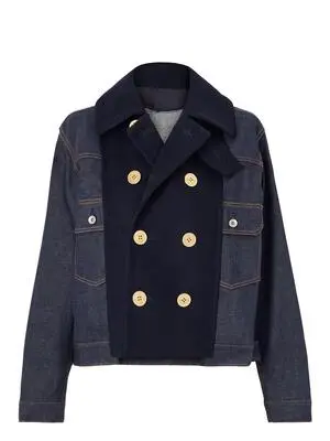 Sacai Double-breasted Wool-trimmed Denim Jacket - Blue