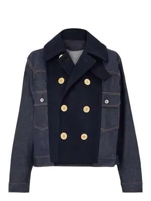 Sacai Double-Breasted Wool-Trimmed Denim Jacket Navy