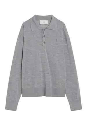 Ami Wool And Silk Polo De Coeur - Grey