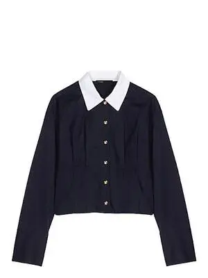 Maje Contrast-collar Cropped Stretch-cotton Poplin Shirt - Navy