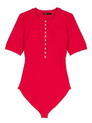 Maje Ribbed Knit Cotton-blend Bodysuit - Red