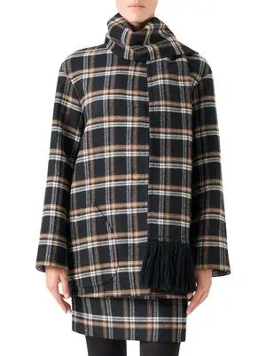 Akris Plaid Wool Blend Jacket With Scarf - Black-camel-cream