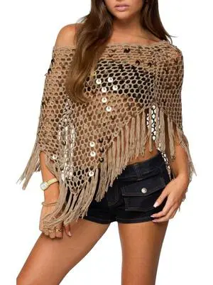 EDIKTED Open Stitch Sequin Fringe Poncho - Tan
