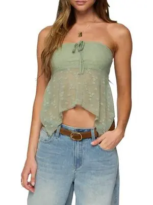 EDIKTED Embroidered Strapless Sheer Top - Sage
