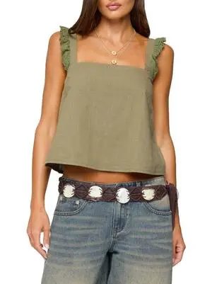 EDIKTED Ruffle Strap Cotton Tank - Olive