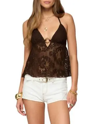 EDIKTED Open Knit Halter Babydoll Top - Brown