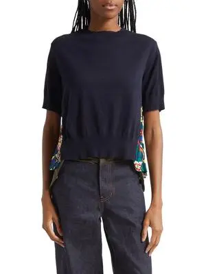 Sacai Mixed Media Short Sleeve Top - Navy/green