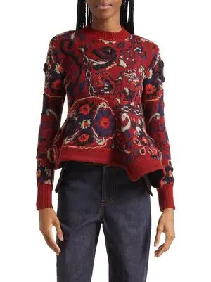 Sacai Floral Jacquard Asymmetric Wool Sweater - Bordeaux