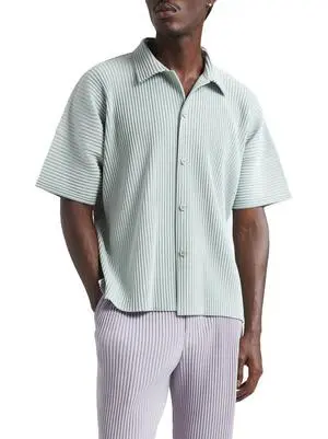 Issey Miyake Monthly Colors July Pleated Short Sleeve Button-up Shirt - Sericite Blue