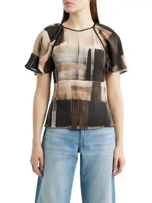 BOSS Bivalia Flutter-sleeve Top - Painted Basalt Print