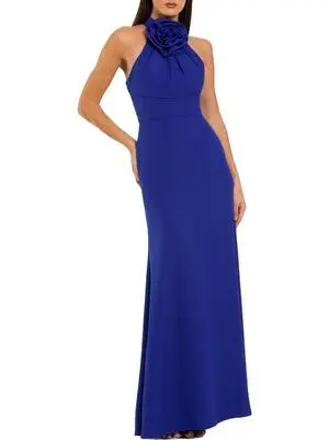 Mac Duggal Sleeveless Halter Neck Gown With Rosette Detail - Cobalt