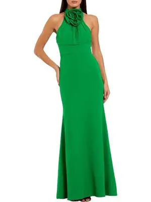 Mac Duggal Flower Halter Neck Crepe Column Gown - Spring Green