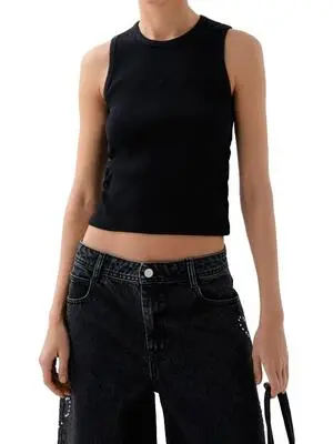 SCALPERS Ribbed Tank Top With Gathered Side Detail - Black