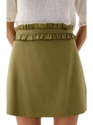 SCALPERS Ruffle Hem Linen Mini Skirt - Khaki