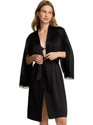 Victoria's Secret Satin Lace-trim Midi Robe - Black