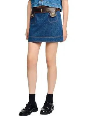 Sandro Leather Trim Mini Denim Skirt - Dark Blue